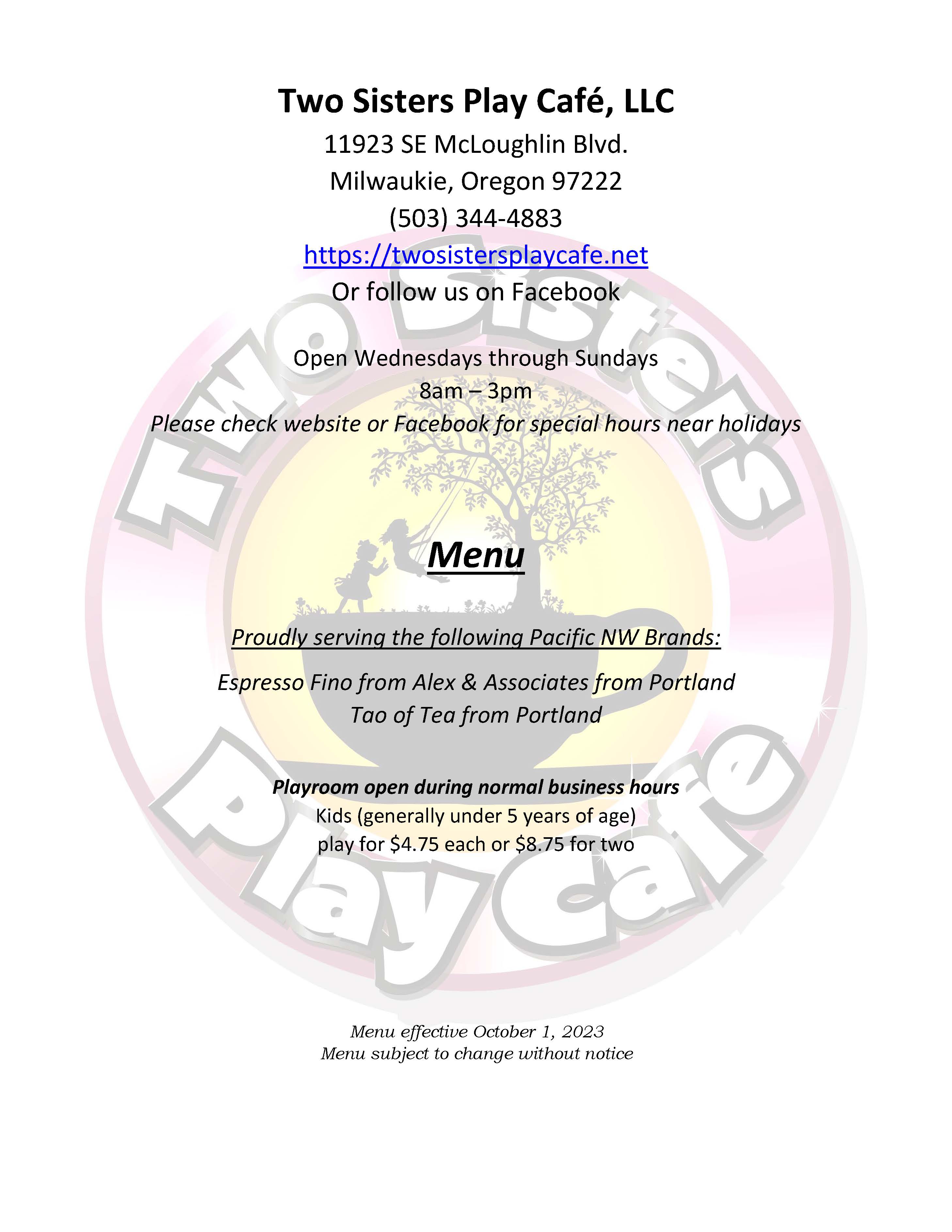 Menu – 2024 | Two Sisters Play Cafe